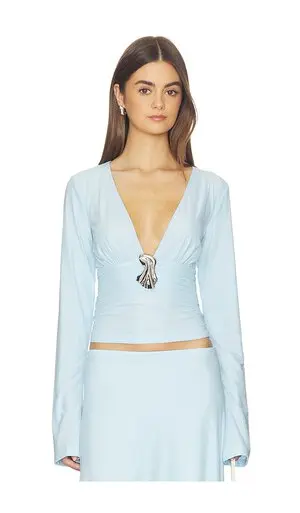KATE BARTON Plunging V Neck Flared Sleeve Top - Light Blue
