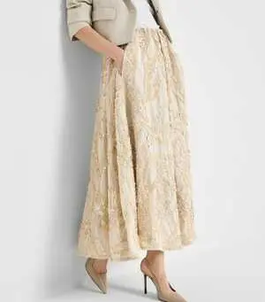 Brunello Cucinelli Cotton-blend Embroidered Midi Skirt - Grey