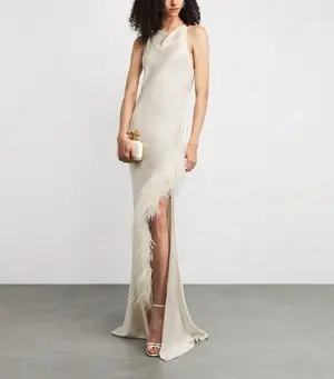 Lapointe Satin Feather-trim Halterneck Gown - Ivory