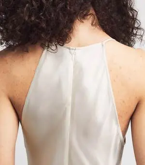 Lapointe Satin Feather-trim Halterneck Gown - Ivory