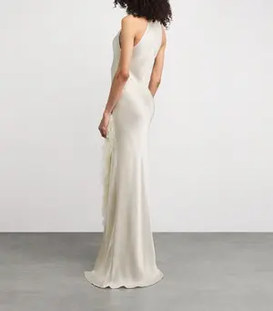 Lapointe Satin Feather-trim Halterneck Gown - Ivory