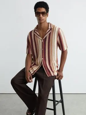REISS Fleet Stripe-knit Cuban-collar Shirt - Pink