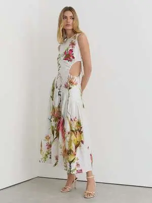 REISS Bianca Petite Linen Floral-print Midi Dress