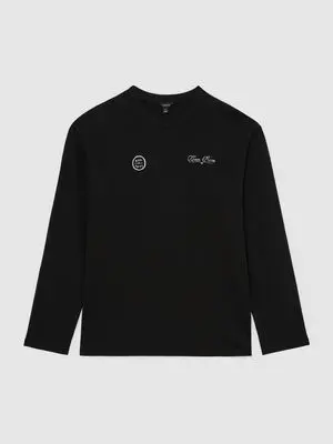 REISS Suave Cotton Motif Long-sleeve Relaxed T-shirt - Black