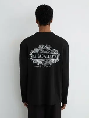 REISS Suave Cotton Motif Long-sleeve Relaxed T-shirt - Black