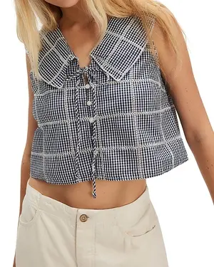 Free People Embroidered Gingham Tie Neck Top
