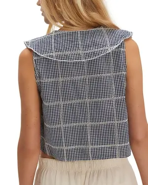 Free People Embroidered Gingham Tie Neck Top
