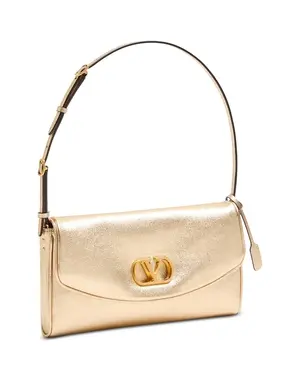 Valentino Garavani Vlogo Laminated Nappa Leather Small Shoulder Bag - Champagne
