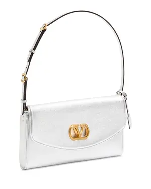 Valentino Garavani Vlogo Laminated Nappa Leather Small Shoulder Bag - Silver