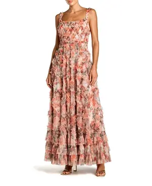 Mac Duggal Floral Mesh A-line Gown With Ruffle Detail