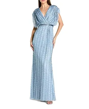 Mac Duggal Beaded Mesh Blouson V-neck Gown - Periwinkle