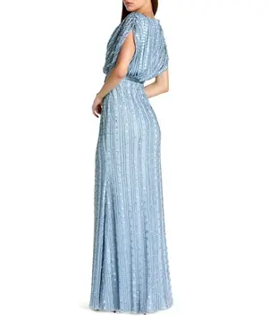 Mac Duggal Beaded Mesh Blouson V-neck Gown - Periwinkle
