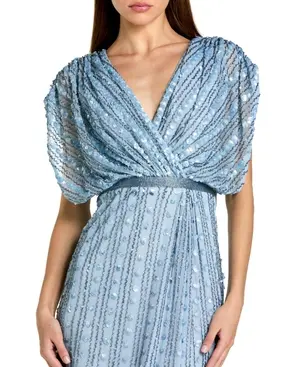 Mac Duggal Beaded Mesh Blouson V-neck Gown - Periwinkle