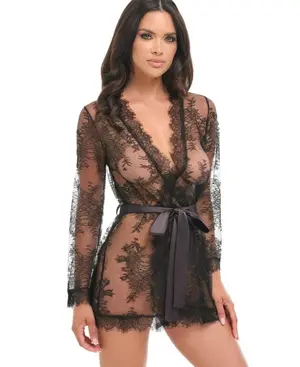 OH LA LA CHERI Amour Short Lace Robe - Black