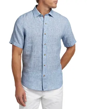 David Donahue Linen Stripe Short Sleeve Shirt - Blue