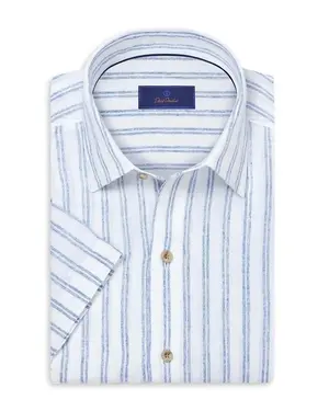 David Donahue Linen Stripe Short Sleeve Shirt - White/ Blue