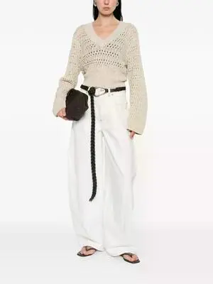 Brunello Cucinelli V-neck Openwork Knit Sweater - Neutrals
