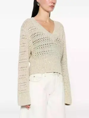 Brunello Cucinelli V-neck Openwork Knit Sweater - Neutrals