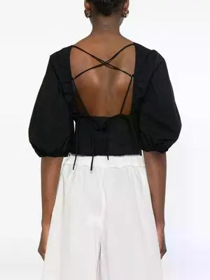 Pinko Cropped Open Back Blouse With Puff Sleeves - Black