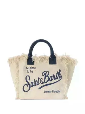 MC2 SAINT BARTH MC2 Saint Barth Canvas Tote Bag With Fringe And Logo Print Neutrals