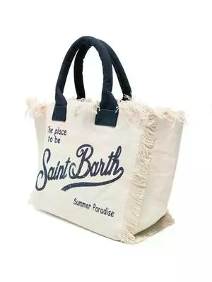 MC2 SAINT BARTH Canvas Tote Bag With Fringe And Logo Print - Neutrals