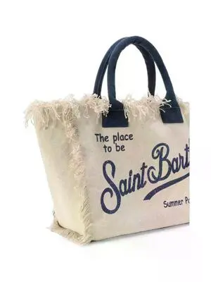 MC2 SAINT BARTH Canvas Tote Bag With Fringe And Logo Print - Neutrals