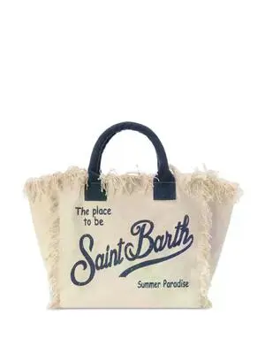 MC2 SAINT BARTH MC2 Saint Barth Canvas Tote Bag With Fringe And Logo Print Neutrals