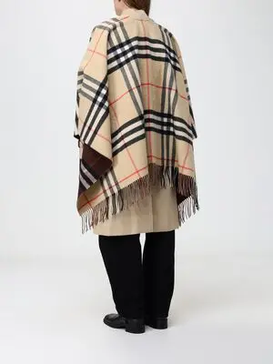 Burberry Cashmere Cape With Iconic Check Pattern And Frayed Hem - Beige