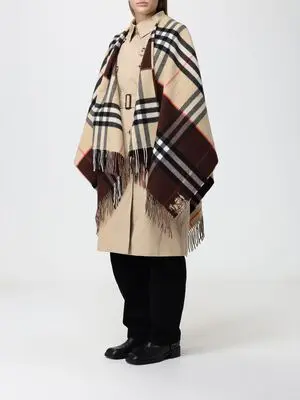 Burberry Cashmere Cape With Iconic Check Pattern And Frayed Hem - Beige