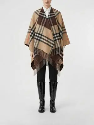 Burberry Cashmere Cape With Iconic Check Pattern And Frayed Hem - Red