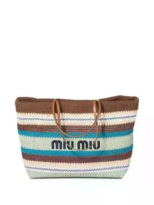 Miu Miu Raffia-effect Woven Tote Bag With Gold Tone Hardware - Brown