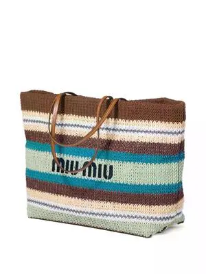 Miu Miu Raffia-effect Woven Tote Bag With Gold Tone Hardware - Brown
