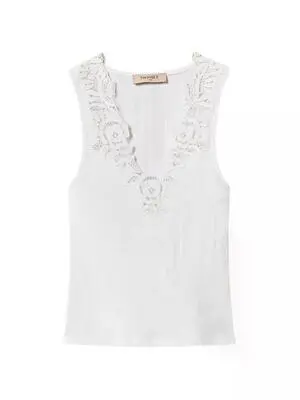 TWINSET Ribbed V-neck Tank Top With Lace Trim - White
