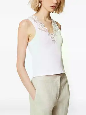 TWINSET Ribbed V-neck Tank Top With Lace Trim - White