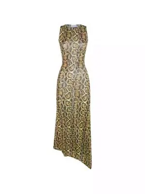MARINE SERRE Snake Print Asymmetric Hem Maxi Dress - Brown
