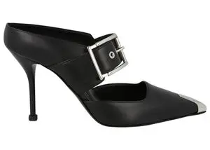 Alexander McQueen Buckle Leather Mules - Black/silver