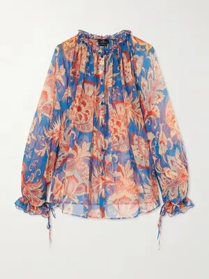 Etro Floral-print Silk-chiffon Peplum Blouse - Blue