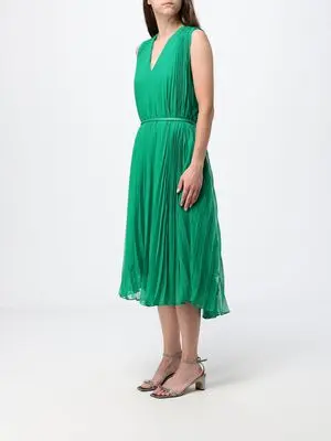 Max Mara Sleeveless V-neck Pleated Midi Dress With Belt - Green