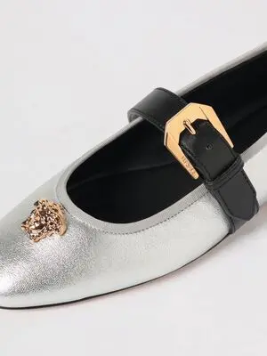 Versace Laminated Nappa Mary Jane Ballet Flats - Silver