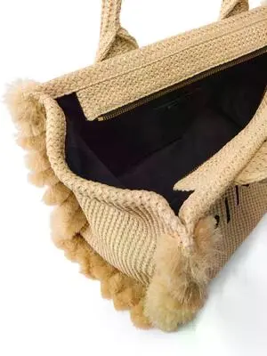 Pinko Raffia Tassel Beach Bag With Embroidered Logo - Neutrals