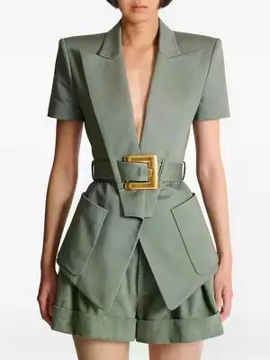 Balmain Anthem Belted Gabardine Jacket - Green