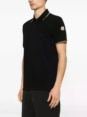 Moncler Ribbed Trim Logo Patch Polo Shirt - Black