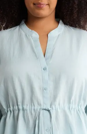 Eileen Fisher Split Neck Organic Linen Long Shirt - Breeze