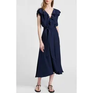 Santorelli Mandy Ruffled Faux Wrap Silk Midi Dress