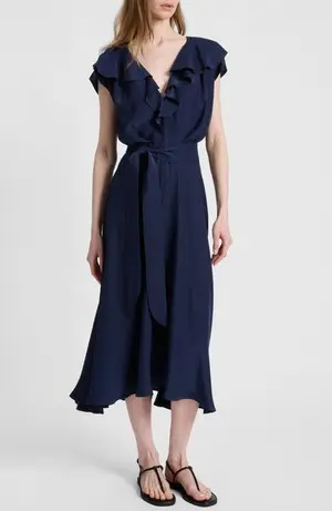 Santorelli Mandy Ruffled Faux Wrap Silk Midi Dress