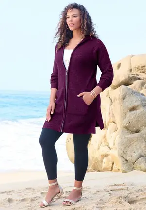 Roaman's Waffle Knit Mega-length Zip Hoodie - Deep Teal