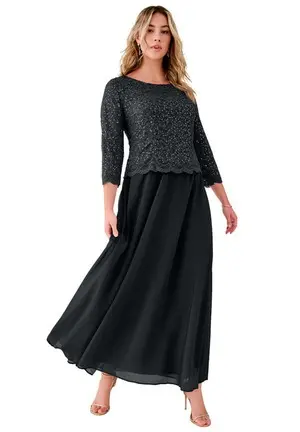 Roaman's Sequin Lace Three Quarter Sleeve A-line Gown - Black