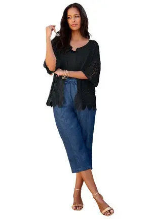 Roaman's Scallop Trim Crochet Cardigan Black
