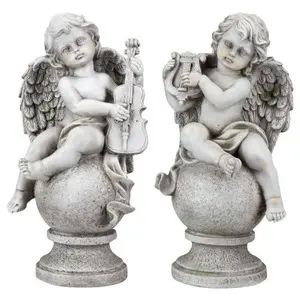 NORTHLIGHT 14.75" Set Of 2 Cherub Angels With Instruments Outdoor Garden Statues - Gray