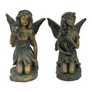 NORTHLIGHT Set Of 2 Kneeling Fairies With Flowers And A Butterfly Outdoor Garden Statues7" - Bronze